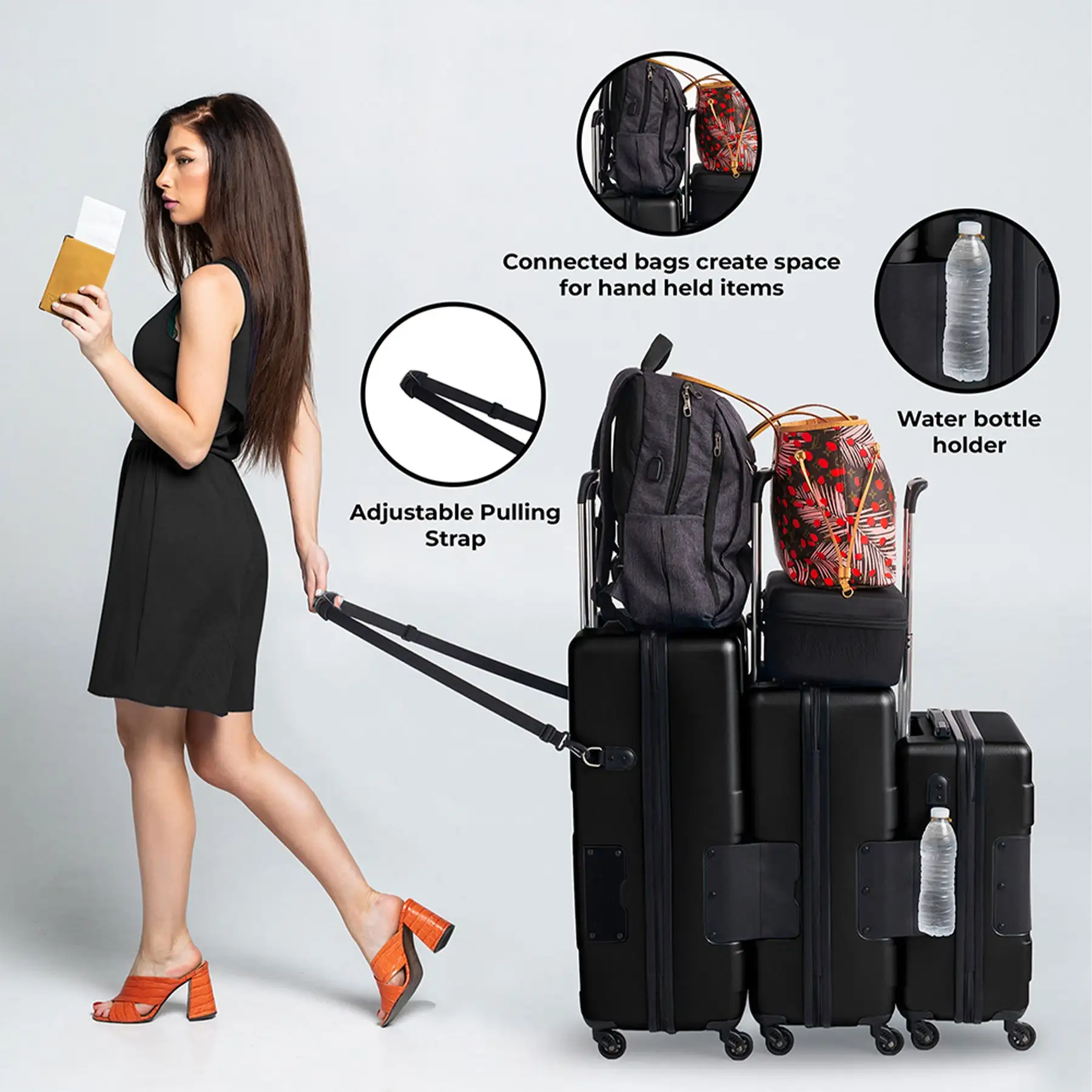 TACH V3 3 Piece Hard Shell Rolling Travel Luggage Set w/ Wheels, Black ...