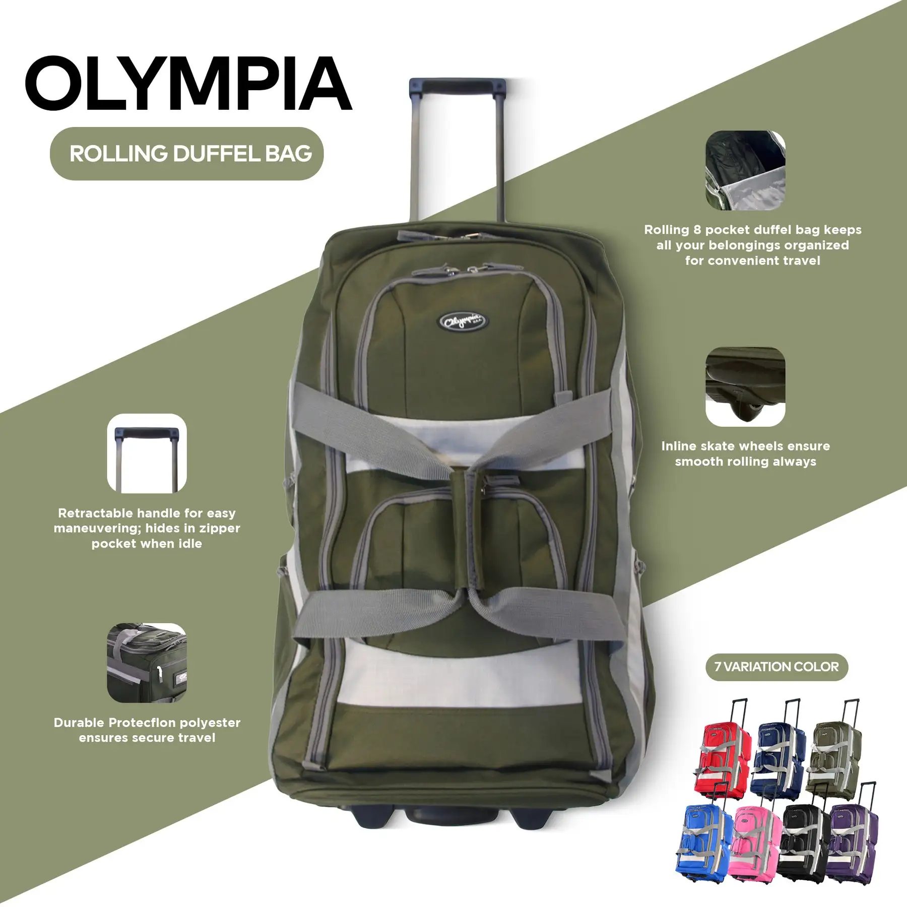 Olympia 22 Inch 8 Pocket Rolling U Shape Duffel Bag w/ Retractable ...