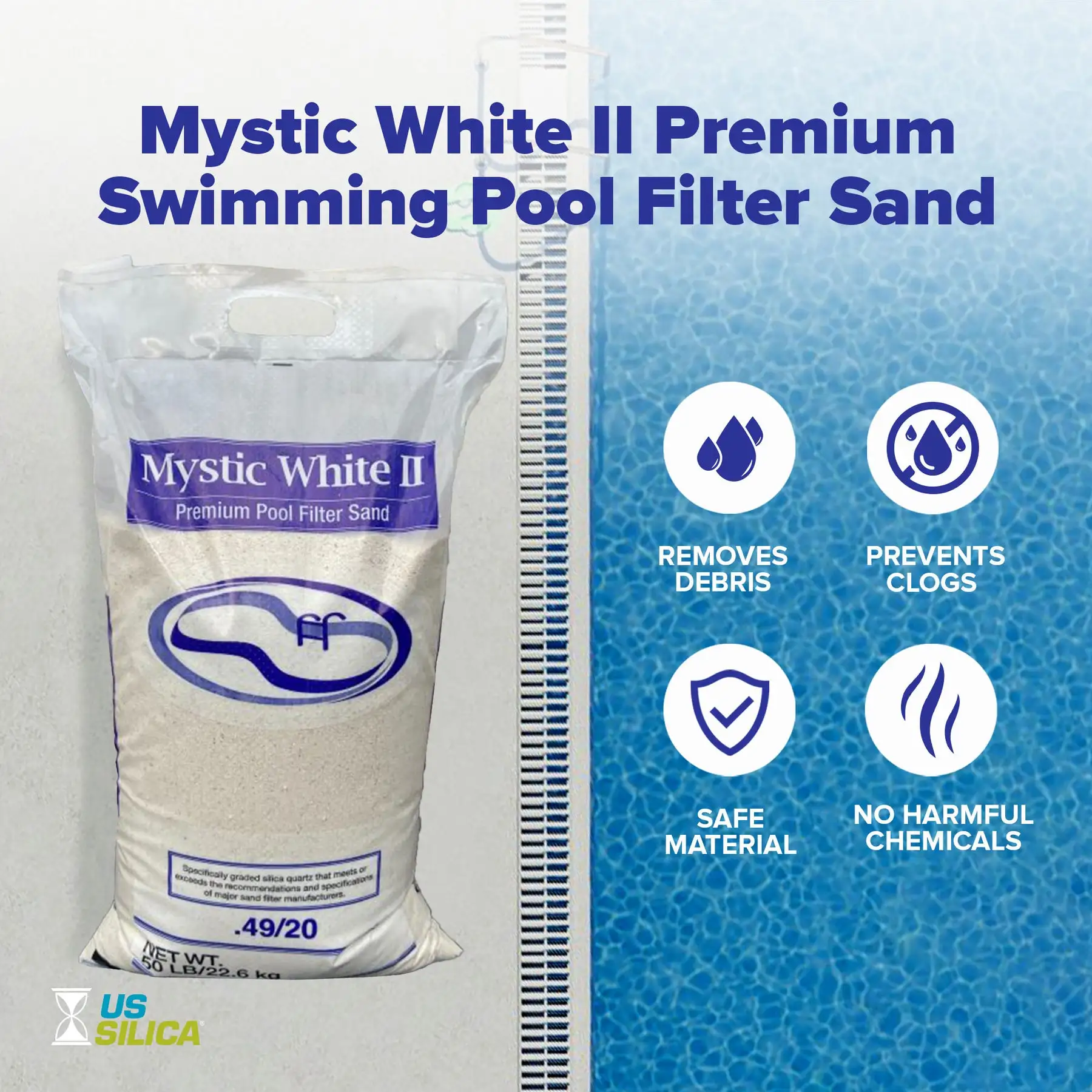 US Silica Mystic White II Swimming Pool Filter Sand, White, 50lb Bag ...