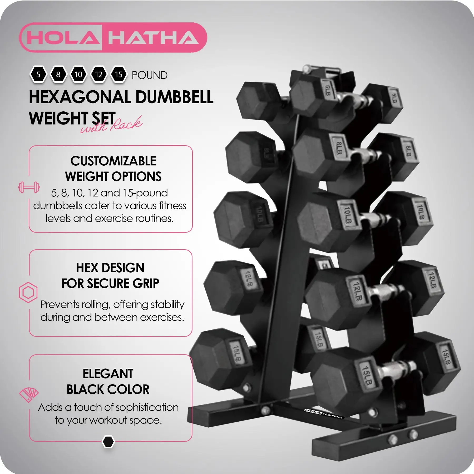 HolaHatha 5, 8, 10, 12 & 15 Pound Dumbbell Weight Set with Rack,Black ...