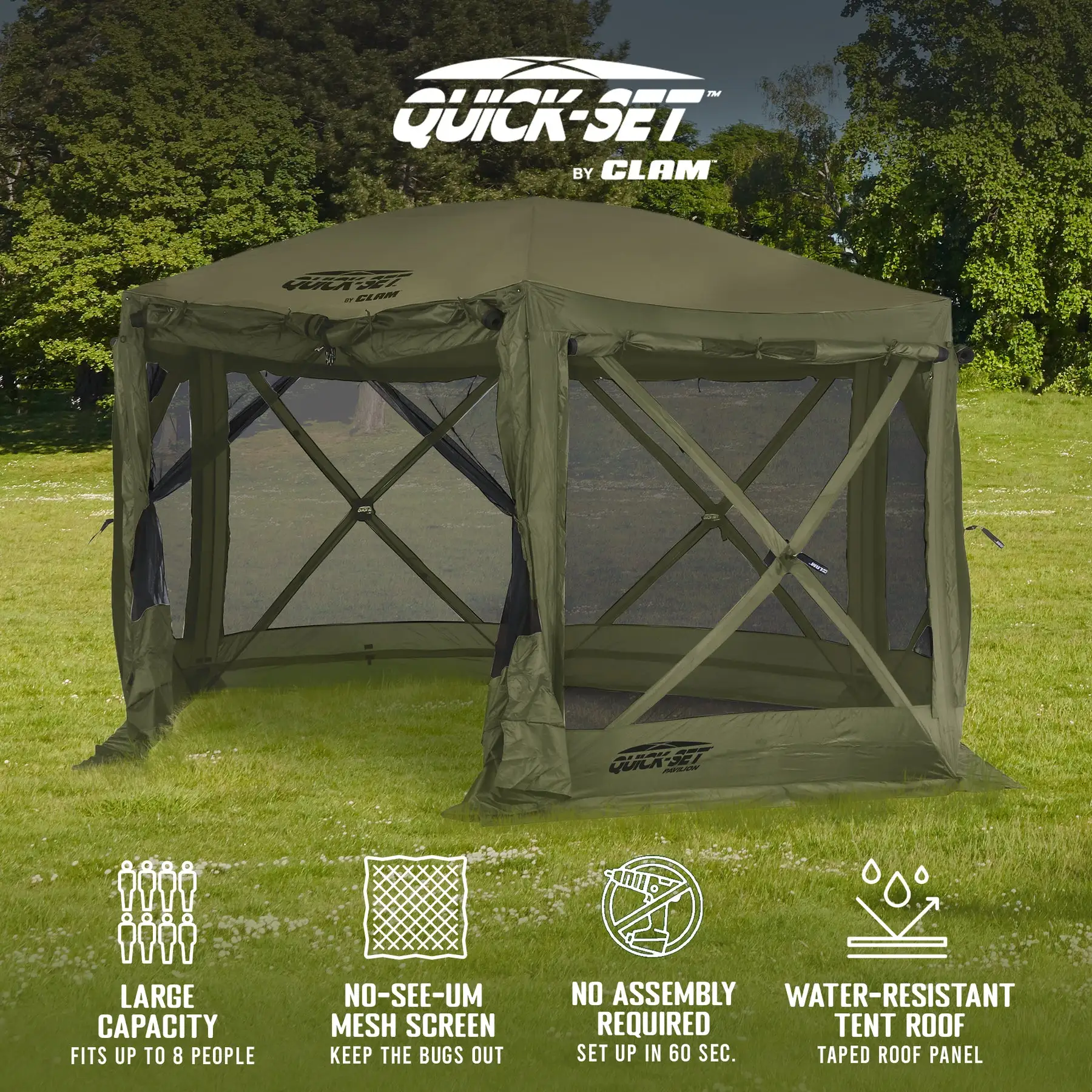 Clam Quick-Set Pavilion 12.5 x 12.5 Foot Portable Canopy Shelter, Green ...