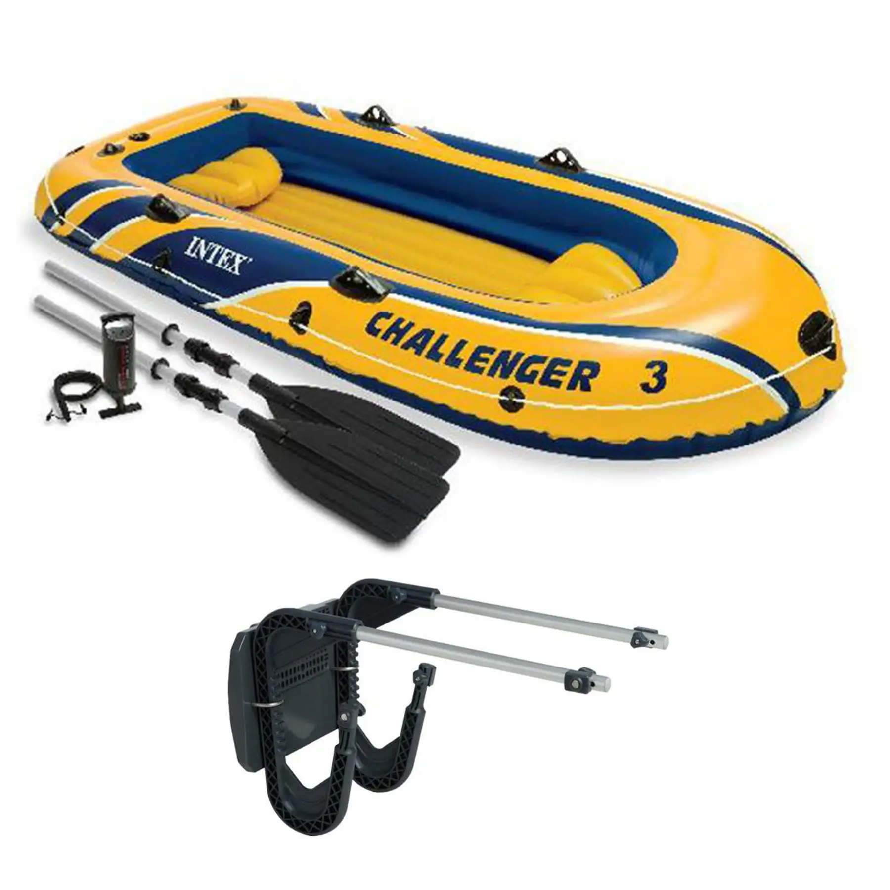 Intex Challenger 3 Boat 2 Person Raft & Oar Set Inflatable with Motor ...