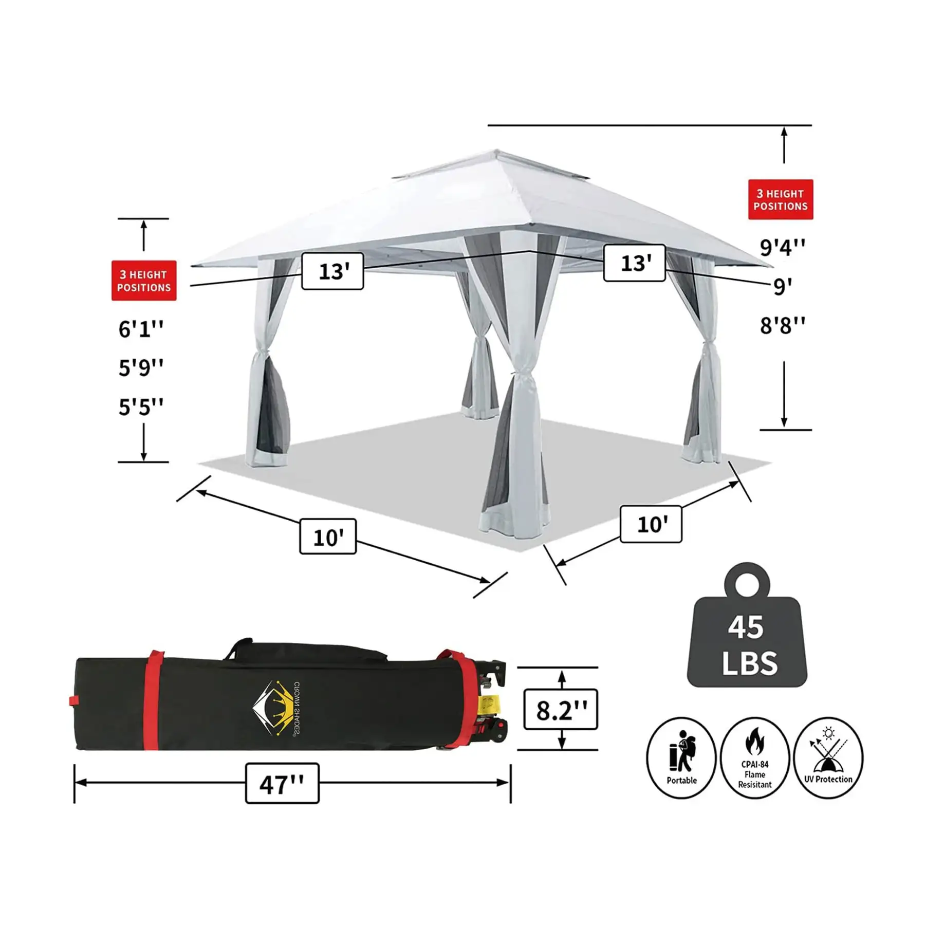 CROWN SHADES 13x13Ft Pop Up Gazebo w/4 Mosquito Net Sidewalls, White ...