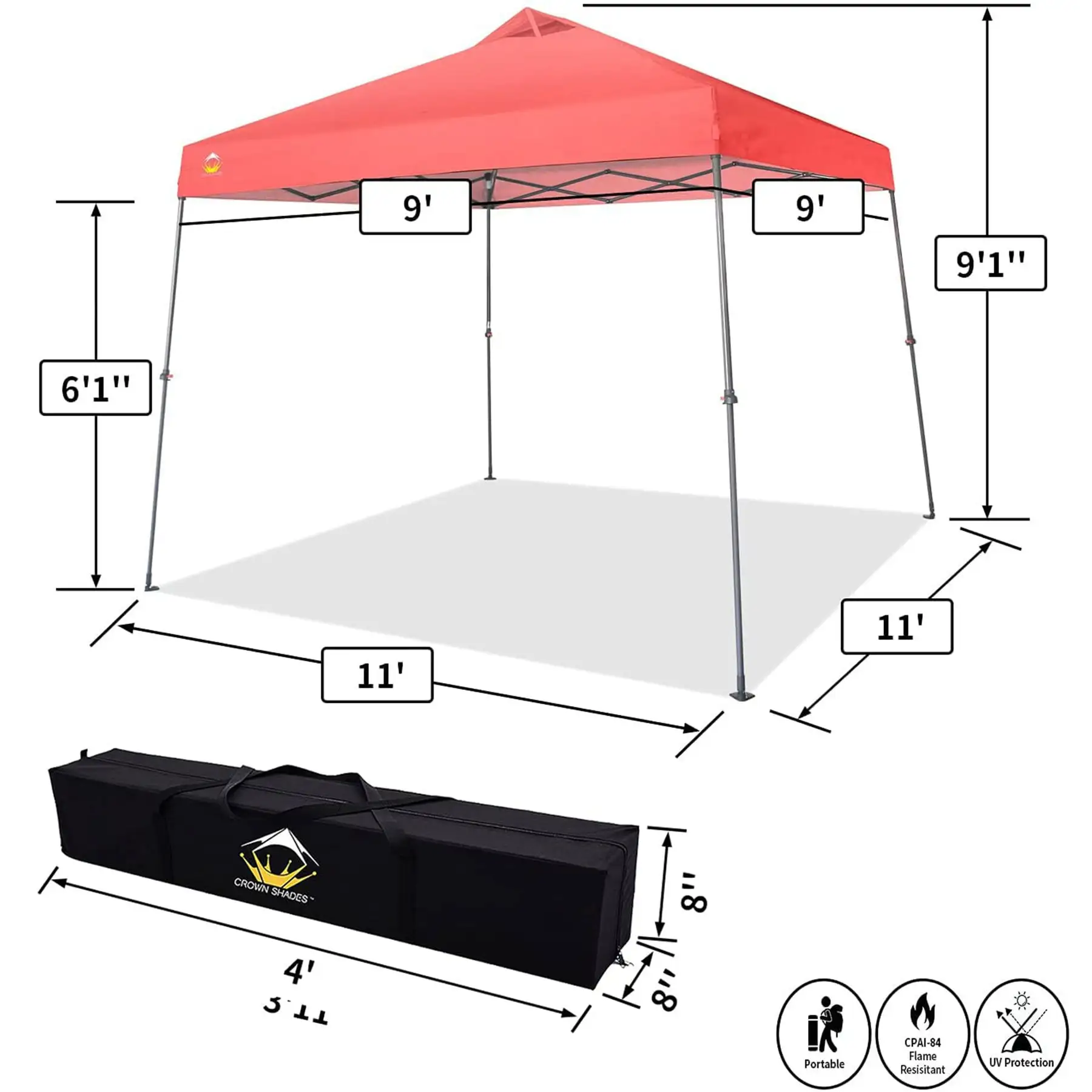 Crown Shades 11' x 11' Base 9' x 9' Top Canopy w/Carry Bag, Red(Open ...
