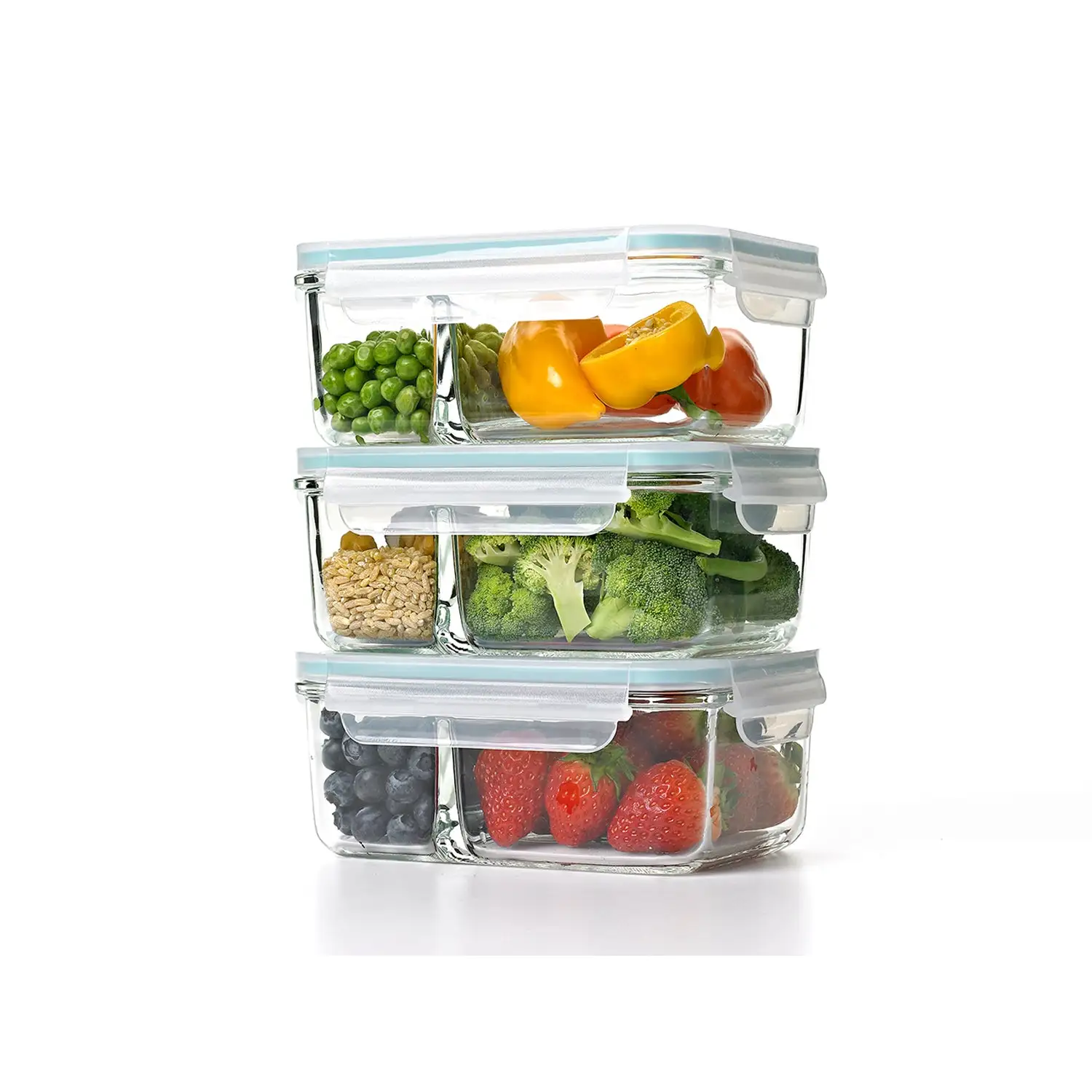Glasslock Duo 3 Piece Clear Glass Divided Food Storage Containers ...
