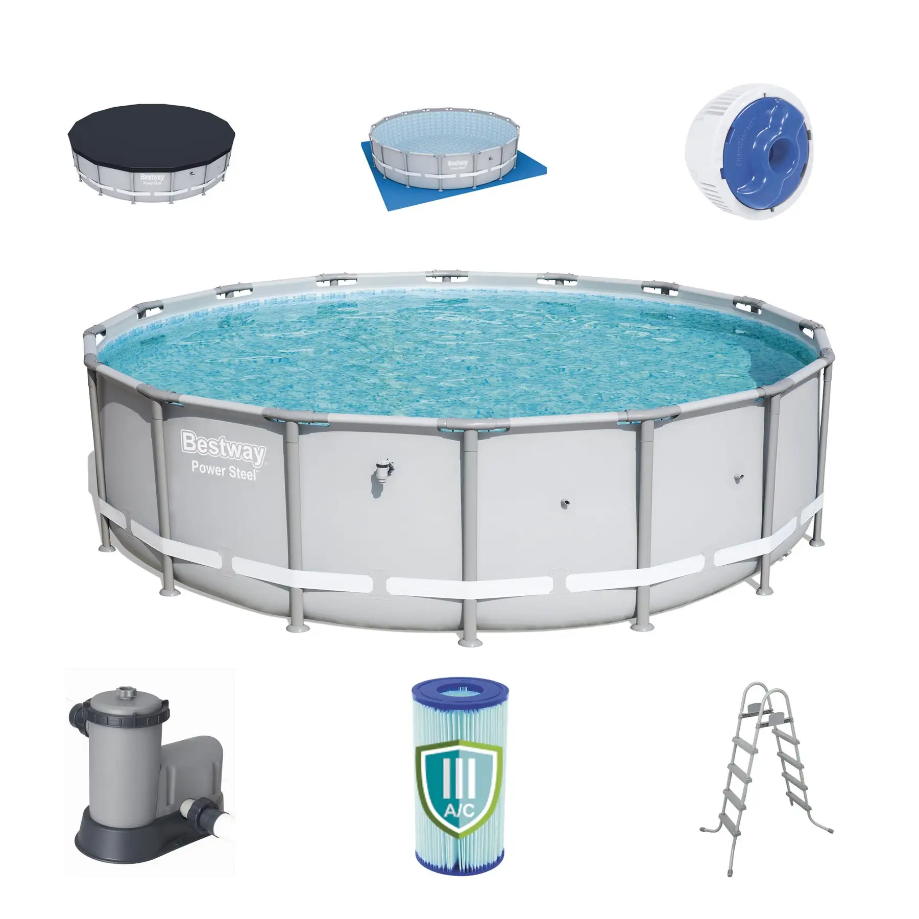 Bestway 18x4.3 ft Reinforced Power Steel Frame Above Ground Pool Set ...