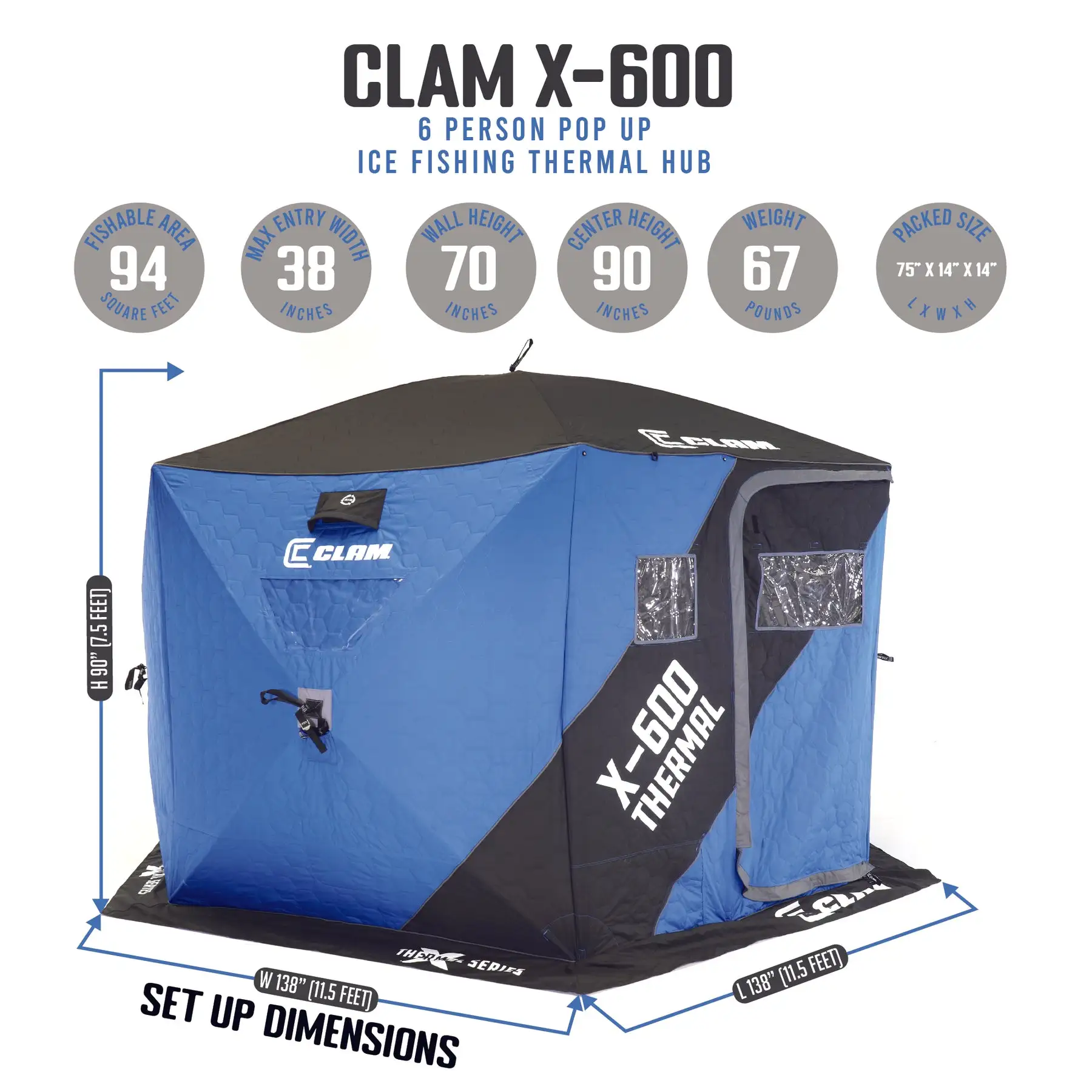 CLAM X-600 Portable 11.5 Ft 6 Person Pop Up Ice Fishing Thermal Tent ...