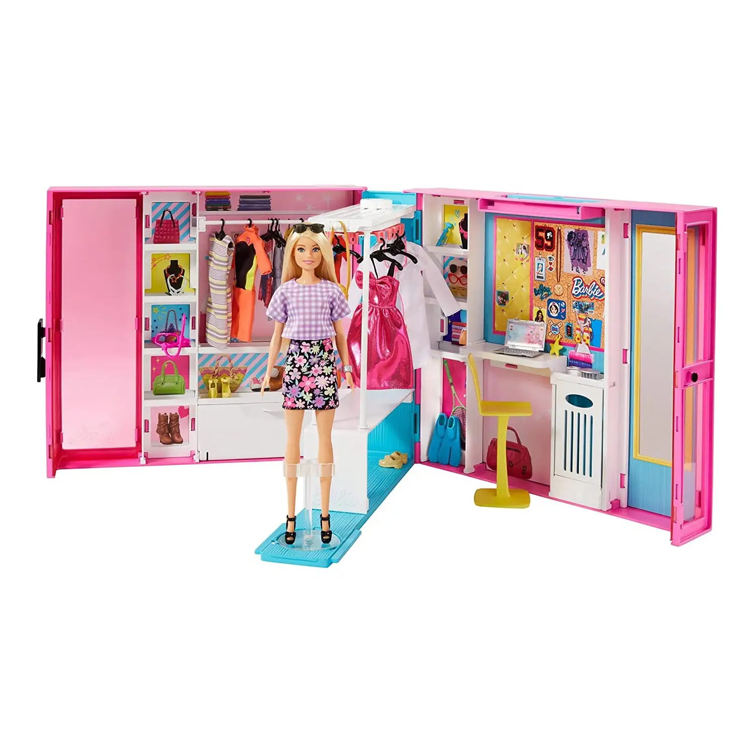 Barbie Dream Closet Fashion Wardrobe with Barbie Doll and Clothes, Pink ...